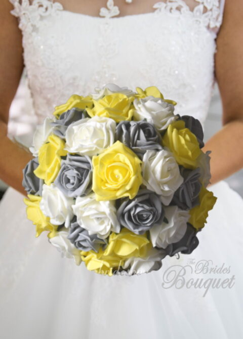 Artificial Wedding Flowers - Yellow & Grey Rose Brides Bouquets