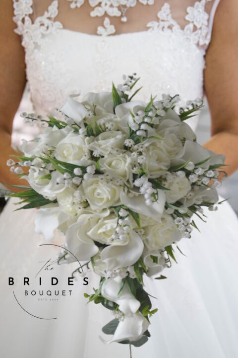 Bridal Bouquet - Teardrop - Faux Calla Lily, Roses, Lily of the Valley