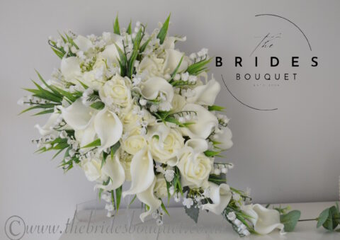 Bridal Bouquet - Teardrop - Faux Calla Lily, Roses, Lily of the Valley