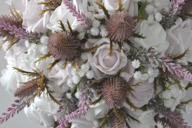 Pink Thistle & Heather Wedding Bouquets - Artificial Bridal Flowers