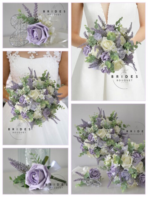Heather & Artificial Rose Wedding Bouquets - Faux Brides Flowers
